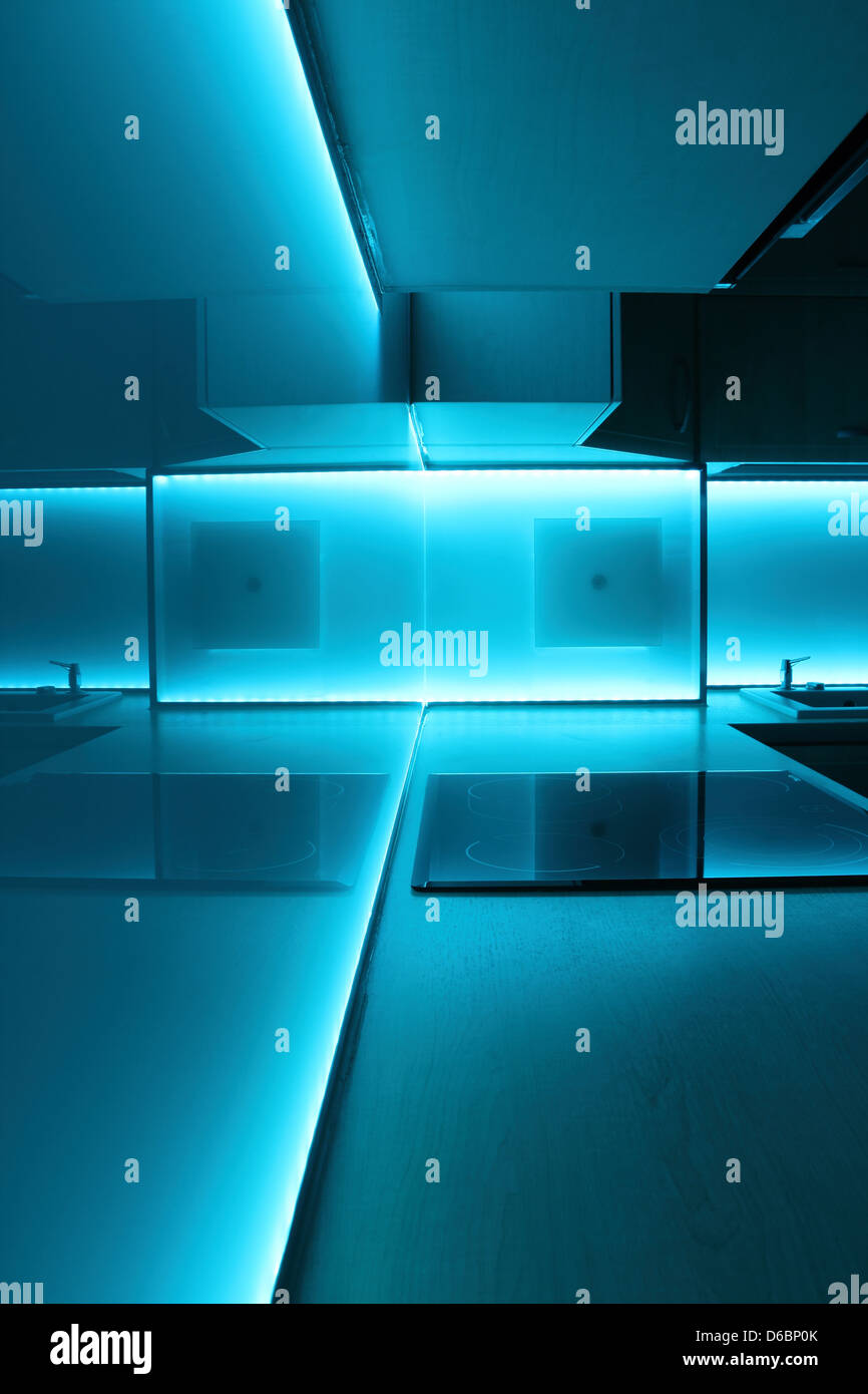 modern luxury kitchen with blue led lighting 3 Stock Photo - Alamy