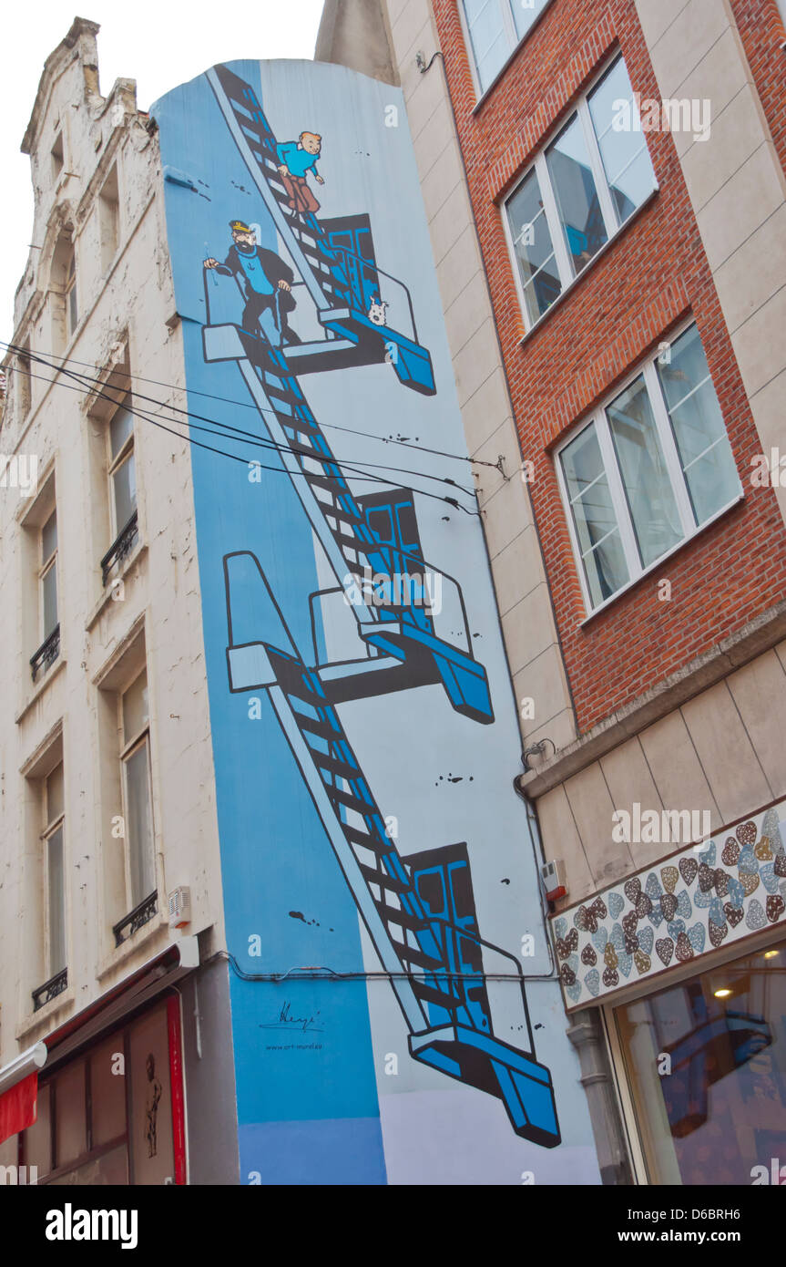 Tintin themed mural along Rue du Marche aux Herbes street central ...