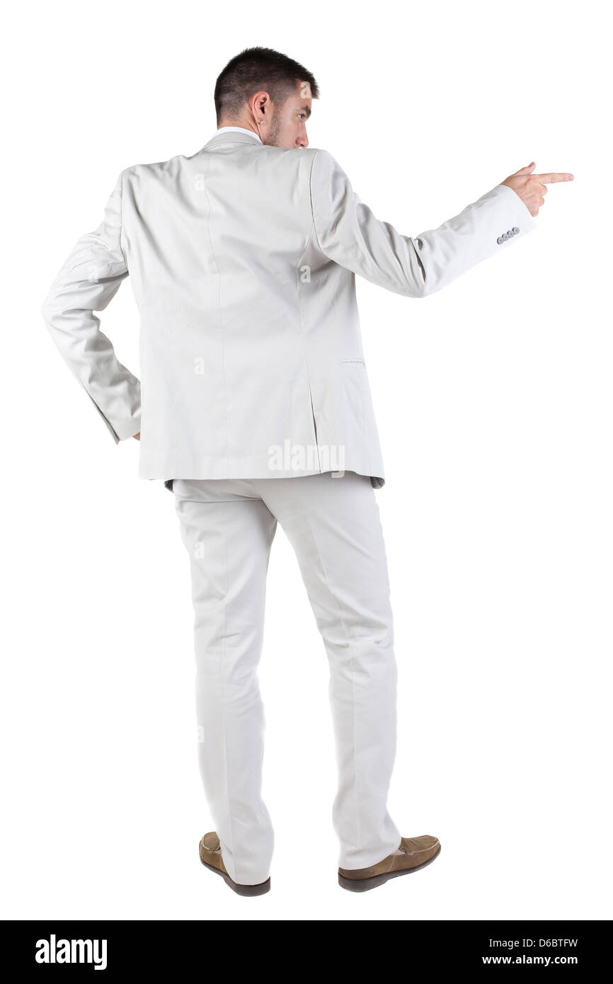 Back view of businessman pointing at wall. Rear view people collection ...