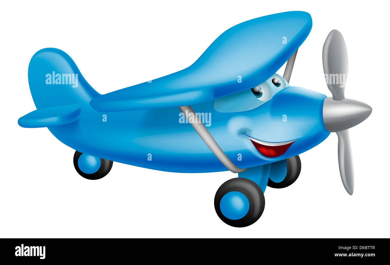An illustration of a cute little happy cartoon blue prop airplane ...