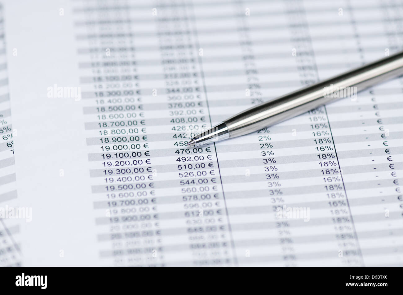 Business concept - pen on the background of spreadsheet, toned image ...