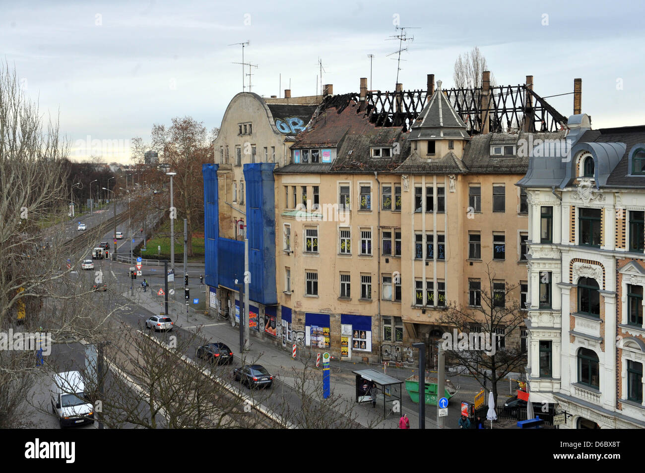 The partially burned down Capa-Haus (C) at Luppenstrasse 28 is pictured in Leipzig, Germany, 03 ...