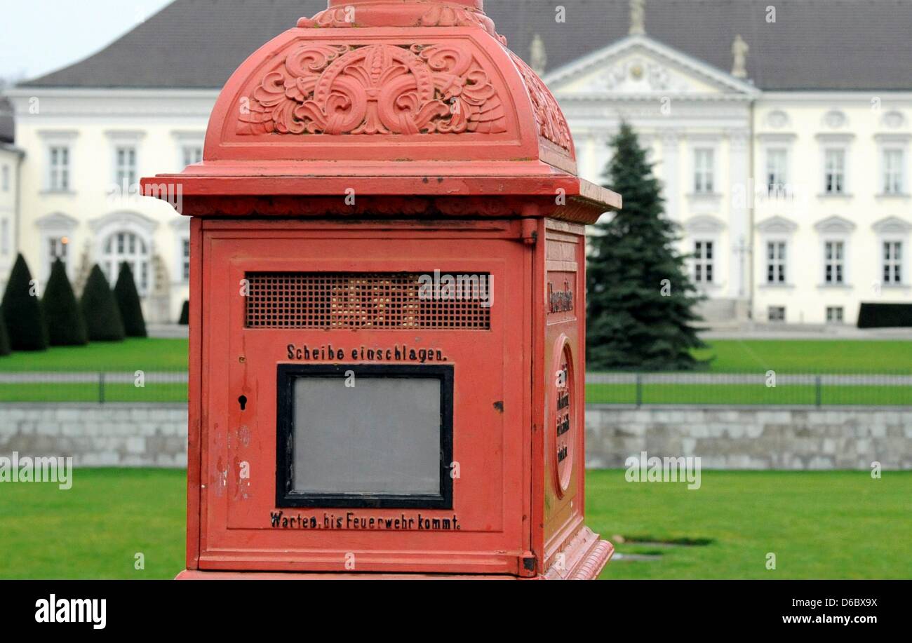 A historic fire-alarm stands in front of the official residence of the ...