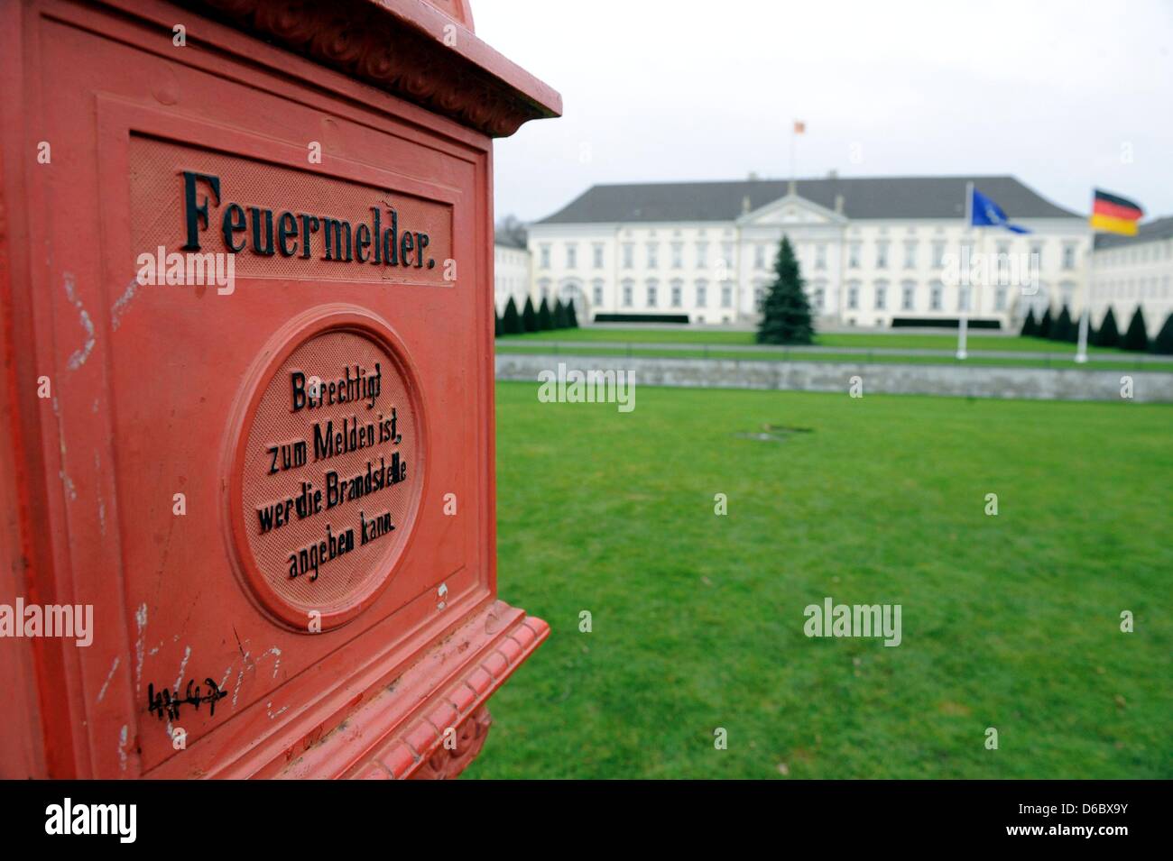 A historic fire-alarm stands in front of the official residence of the ...