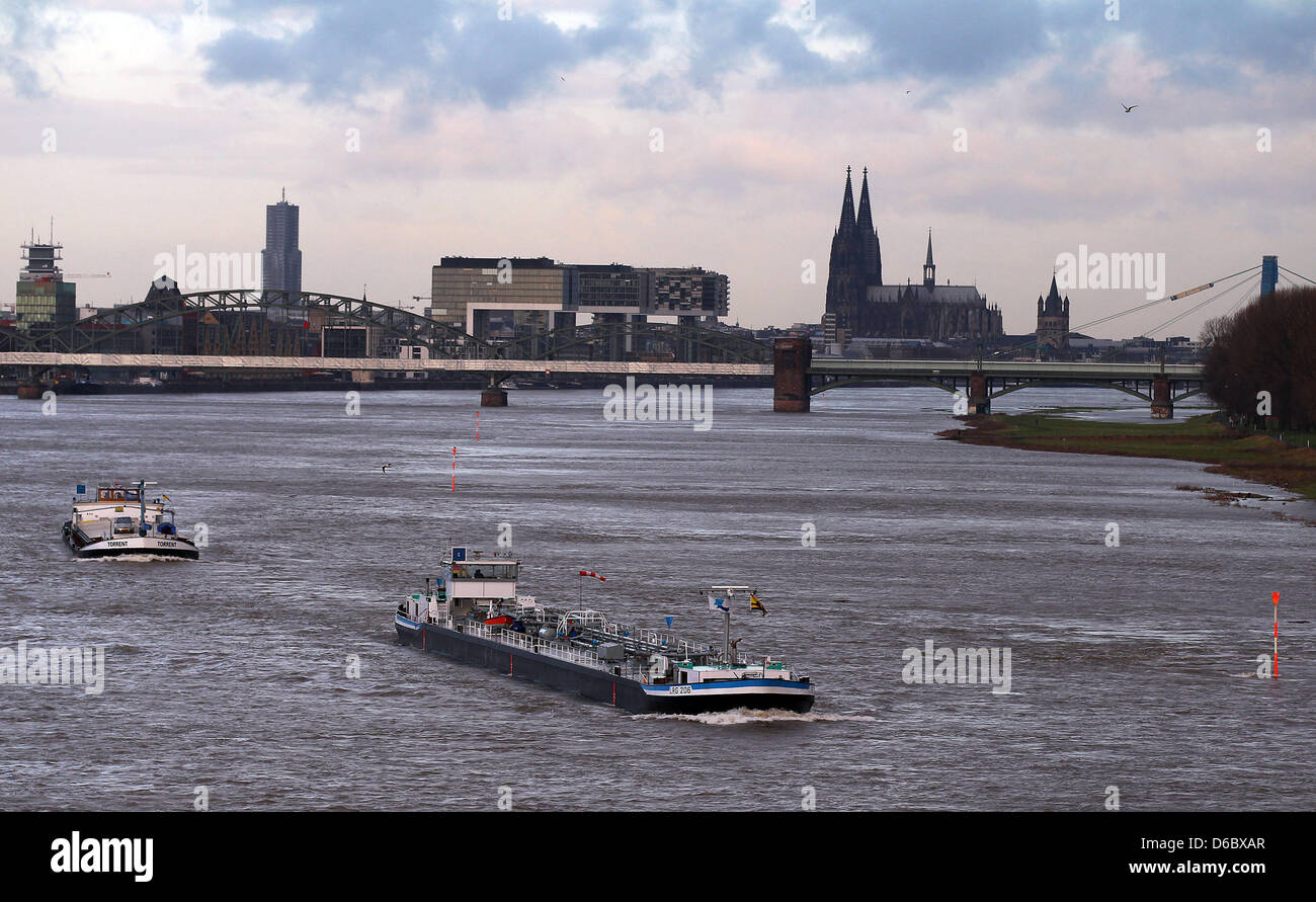 Inland waterway crafts travel on the Rhine in Cologne, Germany, 04 ...
