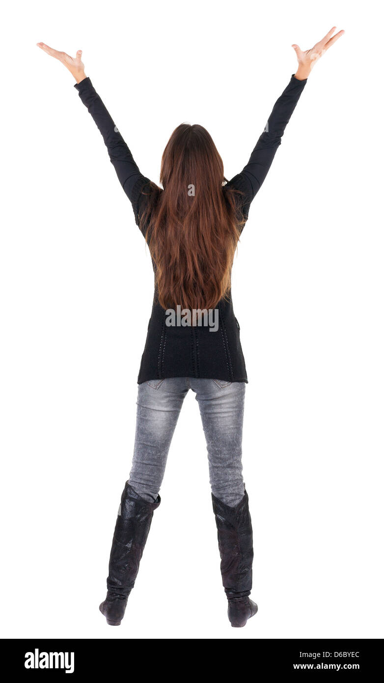 Back view of happy business woman in jeans. Rear view people collection ...