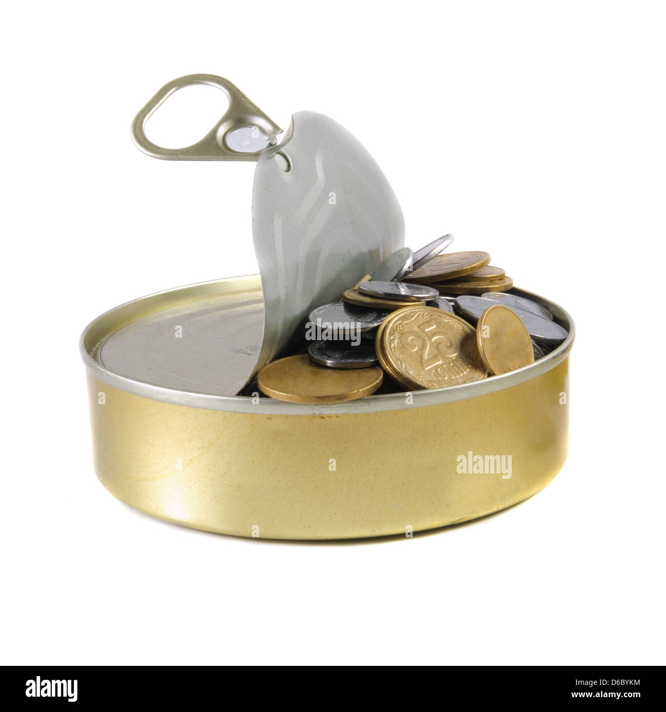coins in a tin can . Isolated over white Stock Photo - Alamy