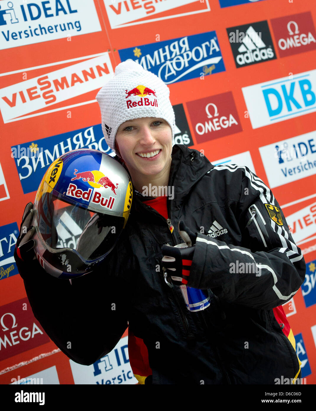 German skeleton pilot Anja Huber celebrates her victory at the skeleton ...