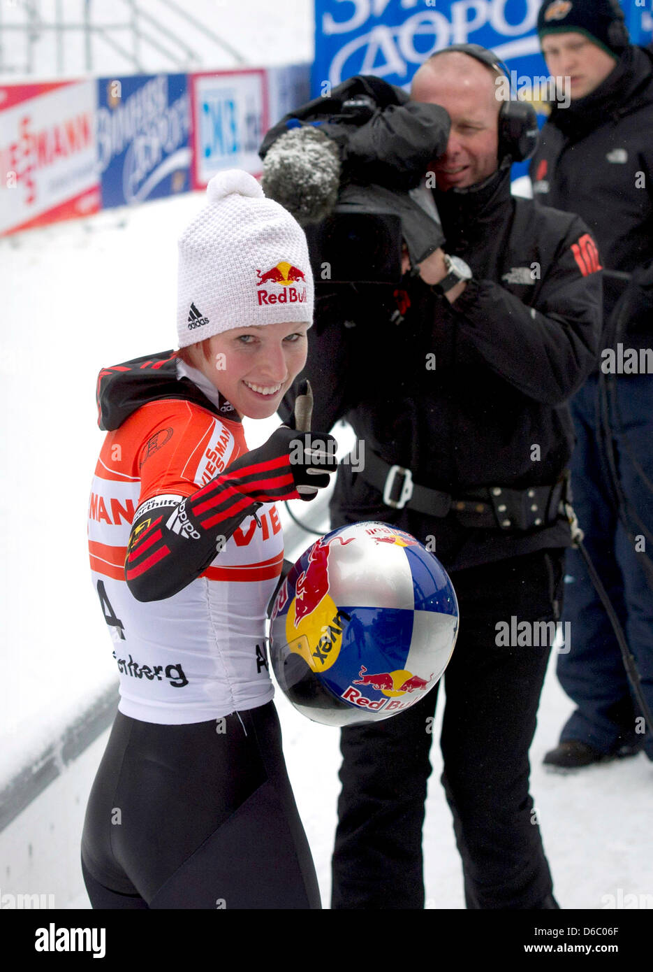 German skeleton pilot Anja Huber celebrates her victory at the finish ...