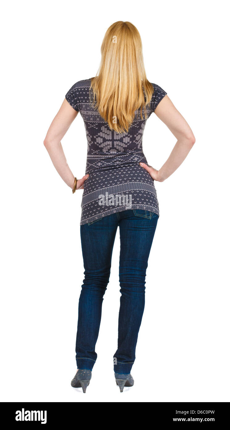 back view of standing beautiful blonde woman. Young girl in jeans ...