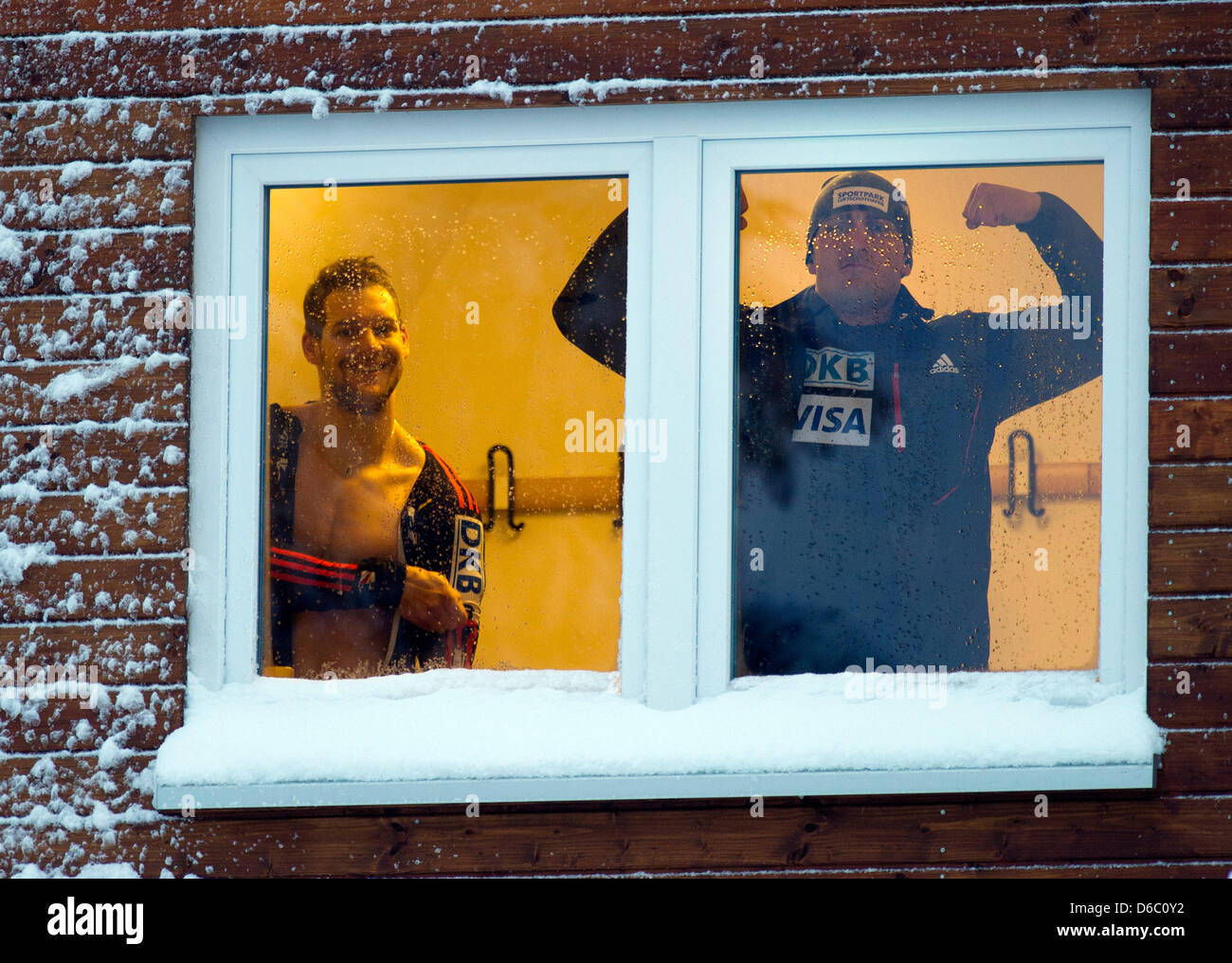 The German bob pilots Ronny Listner and Kevin Kuske look out of a ...
