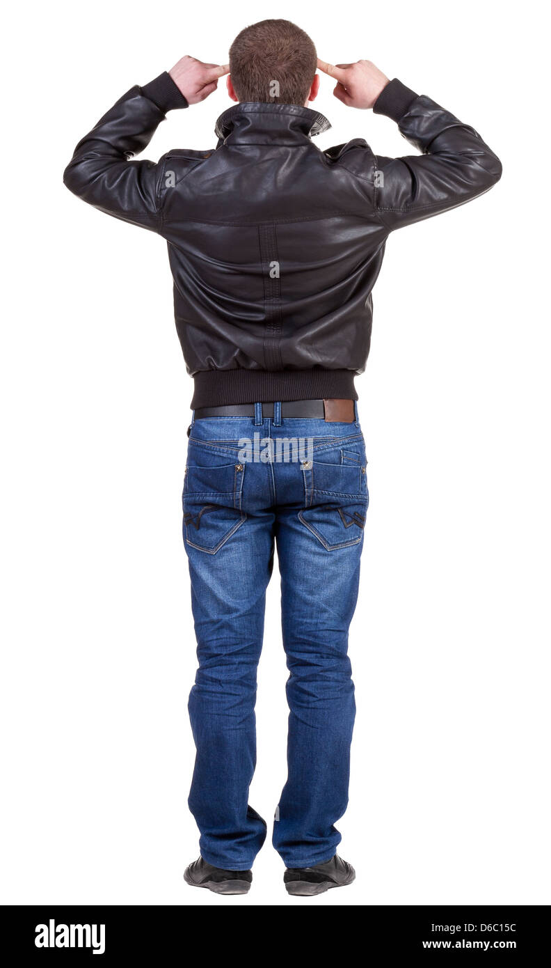 Rear view people collection. Back view of thinking man in jacket ...