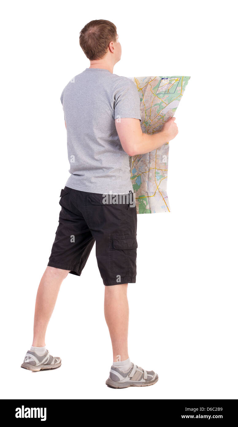 Back view of journey young man looking at the map. Rear view people ...