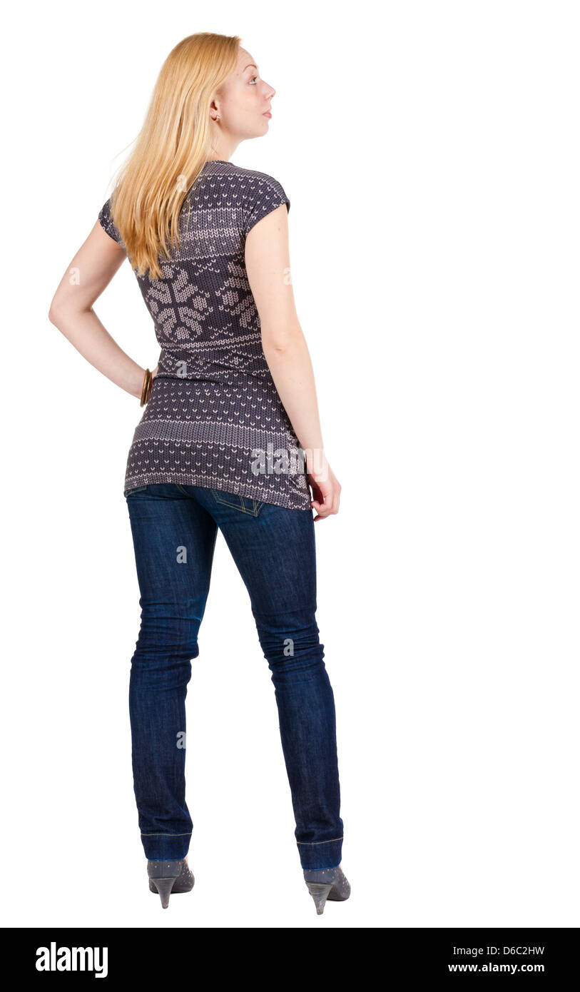 Back view of standing beautiful smiling blonde woman. Young girl ...