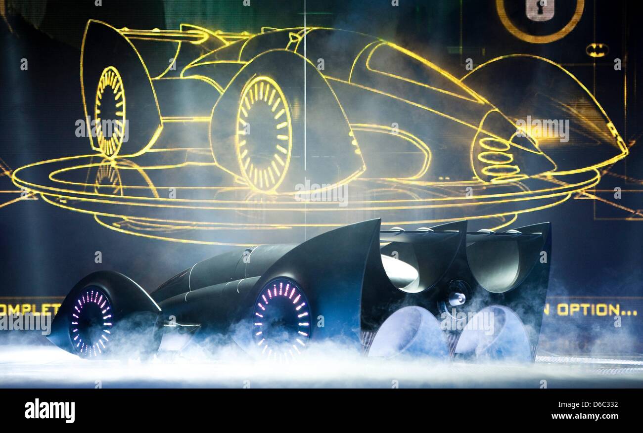 The batmobile sits on the stage during the presentation of the stage ...