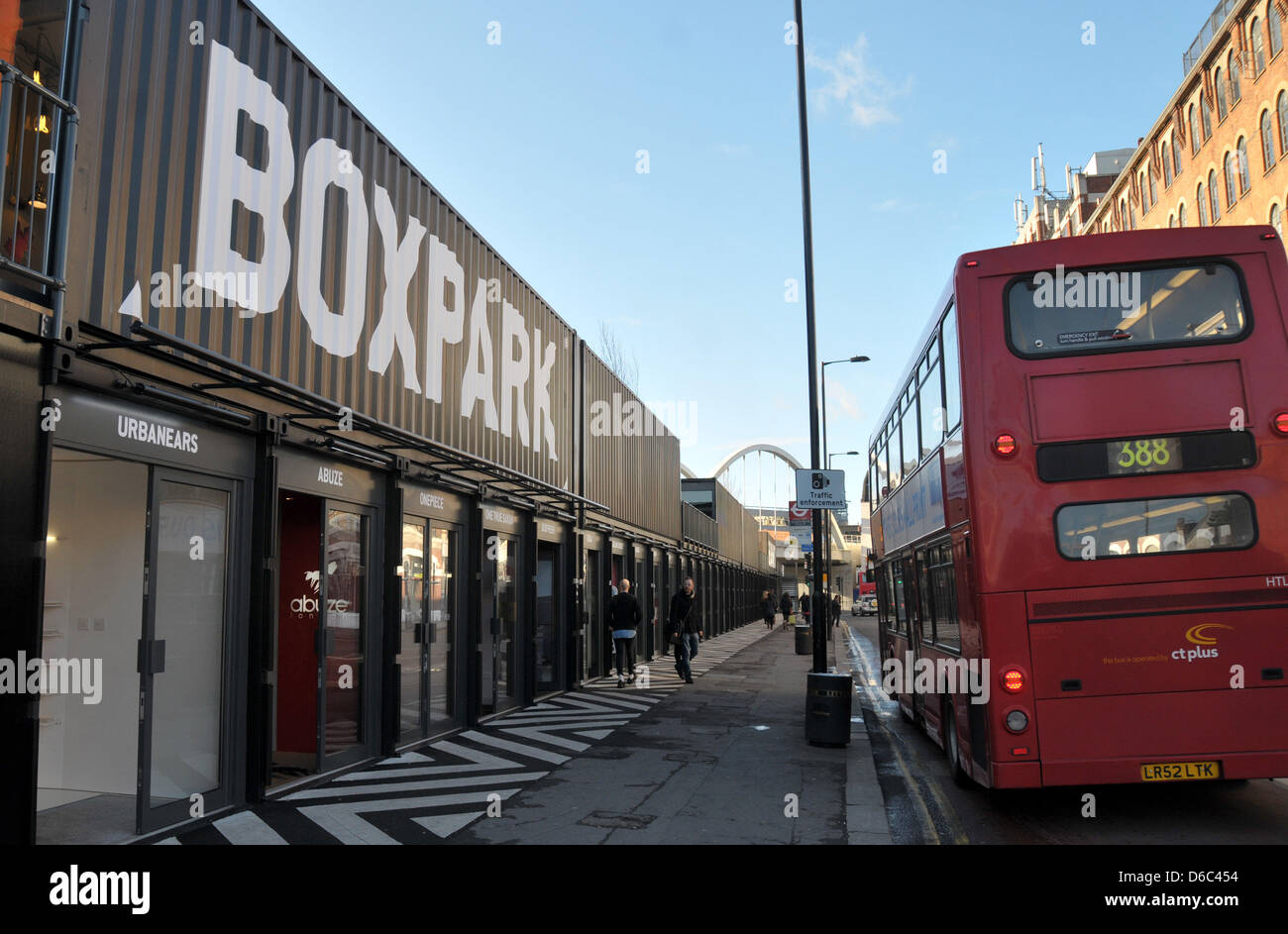 A bus stops in front of the lower part of 'BoxPark' in the Shoreditch ...