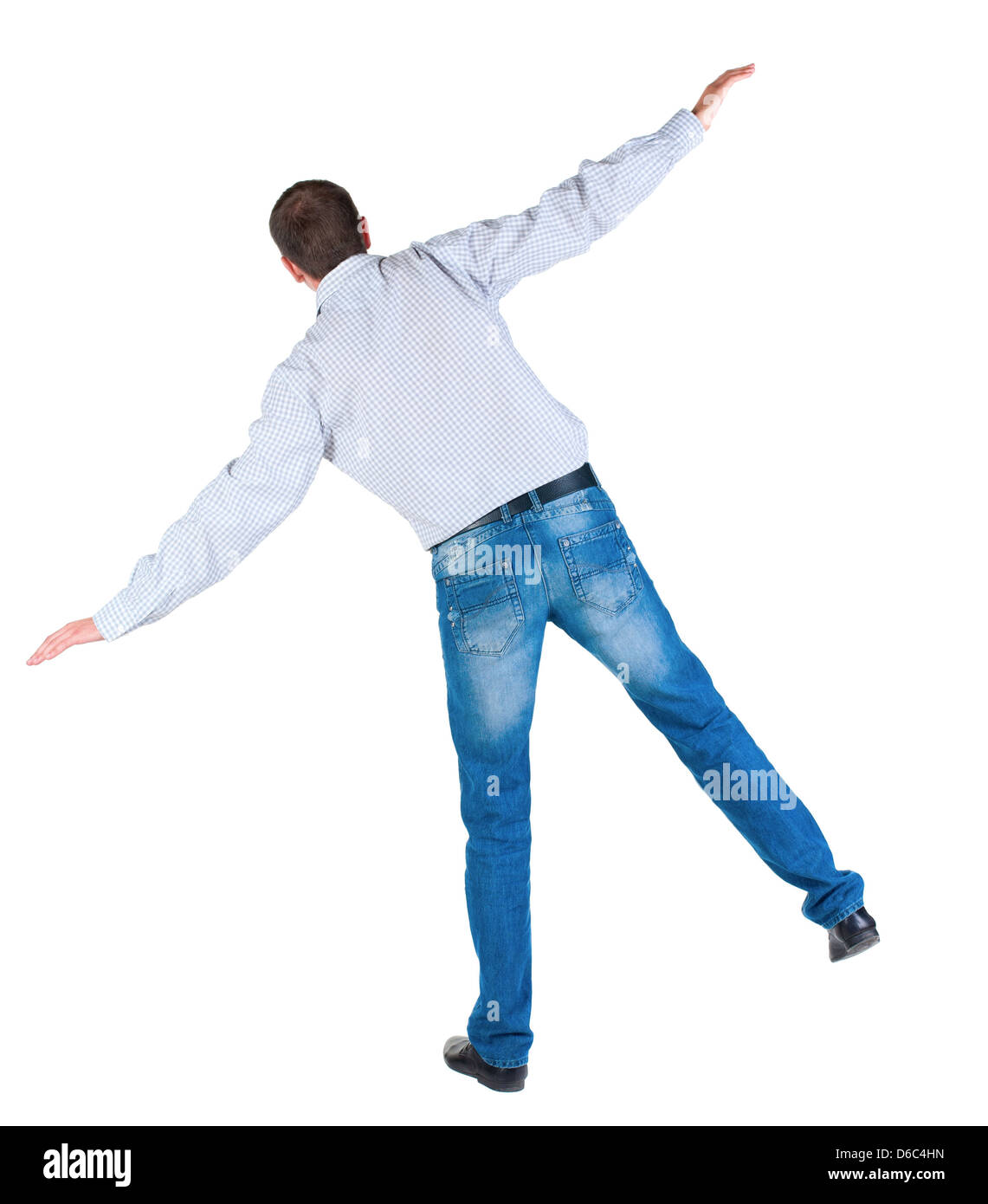 Back view of balancing man in shirt . Rear view people collection ...