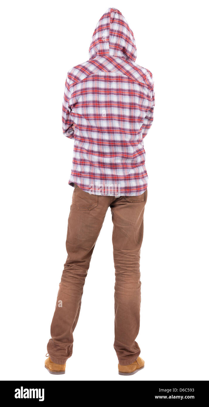 Back view of guy in a plaid shirt with hood looking. Standing young guy ...