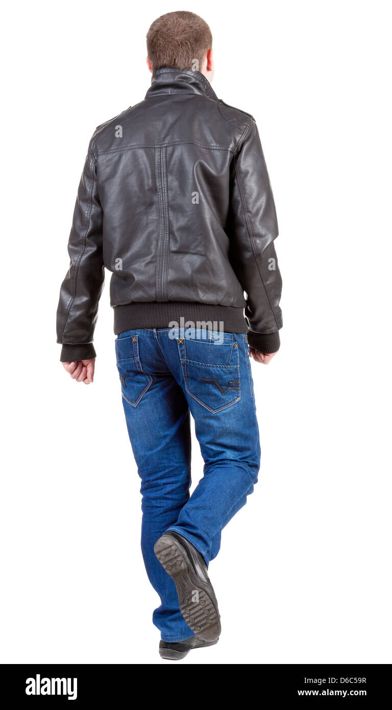 Back view of going handsome man in jacket and jeans. Walking young guy ...