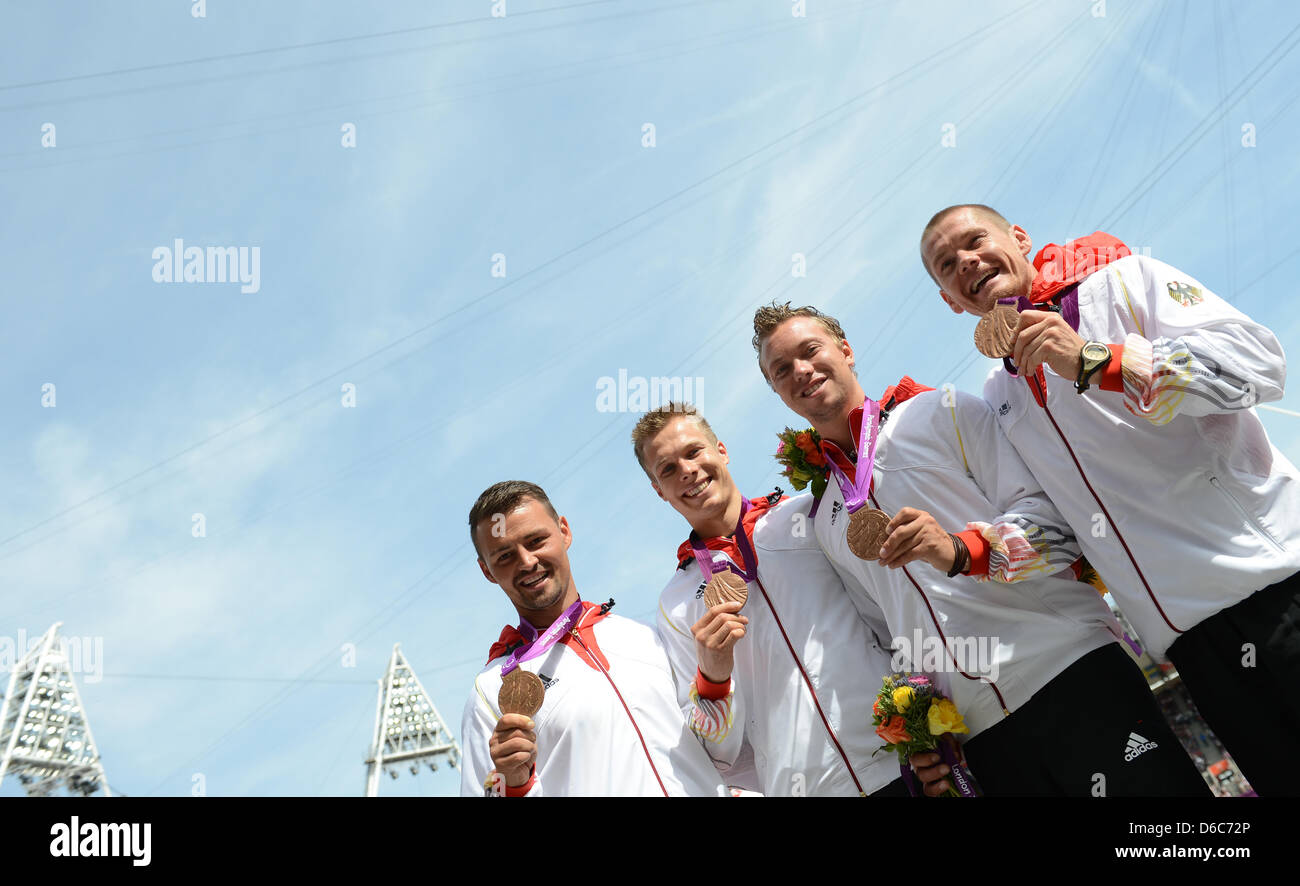 The German relay team Heinrich Popow (l-r), Markus Rehm, David Behre ...