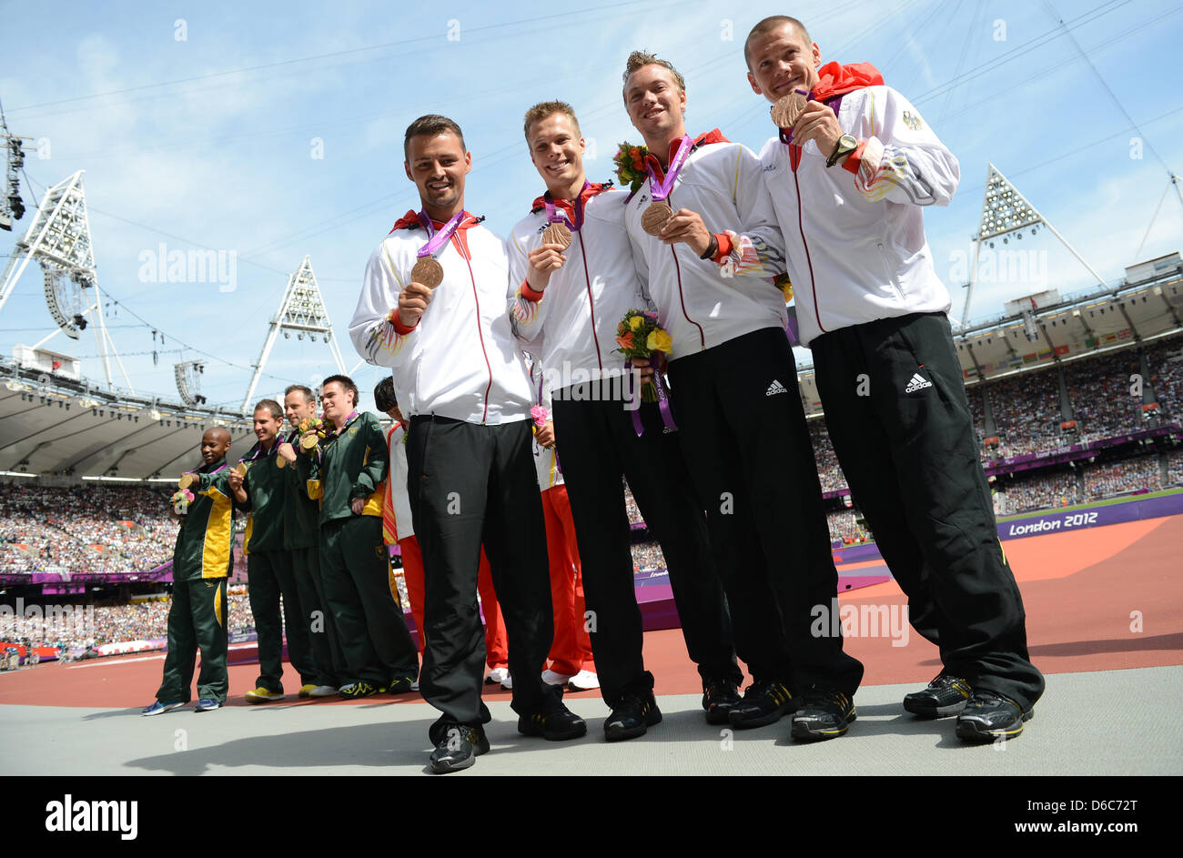 The German relay team Heinrich Popow (l-r), Markus Rehm, David Behre ...