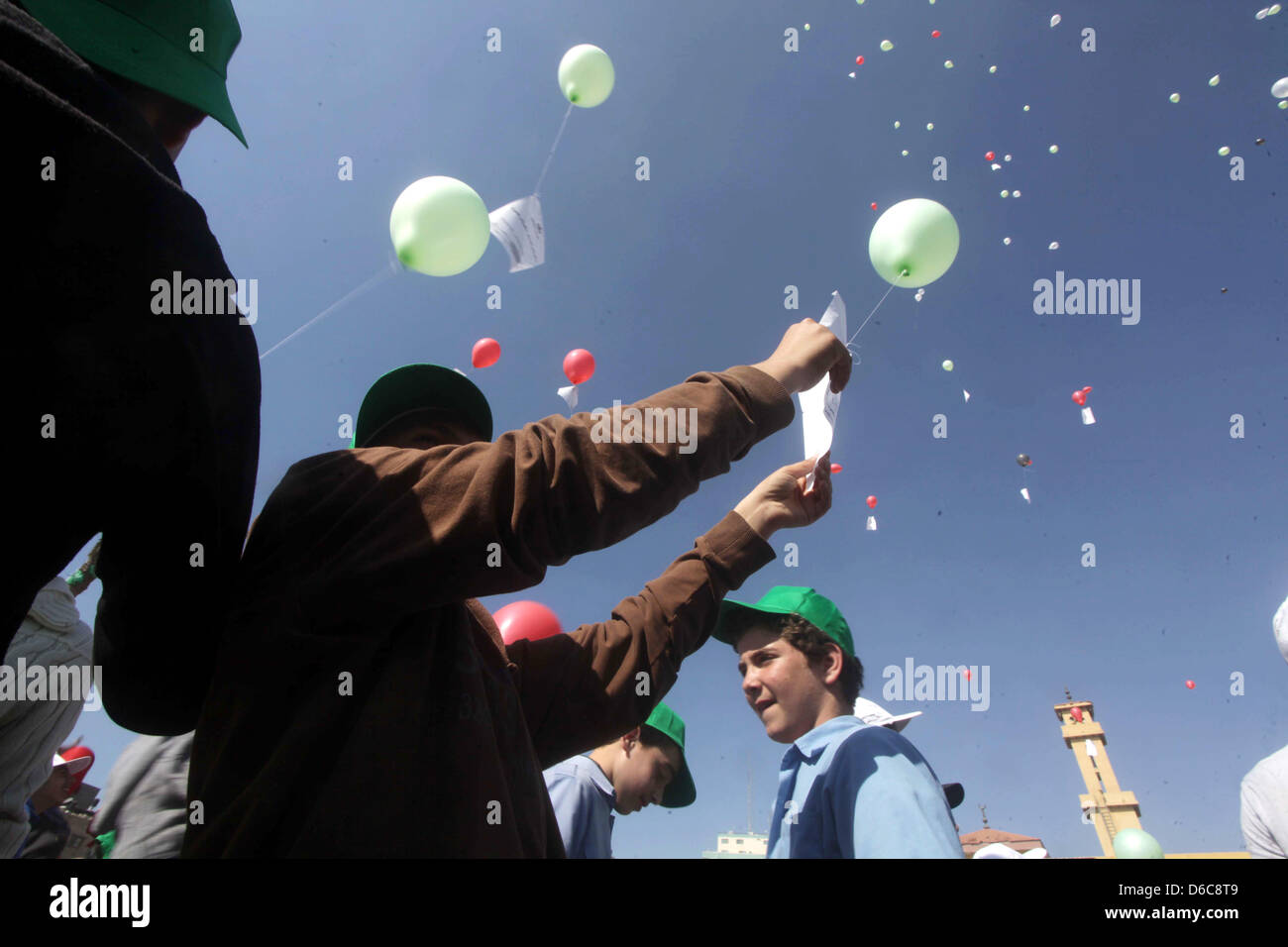 Gaza City, Gaza Strip. April 15, 2013. Palestinians release balloons ...