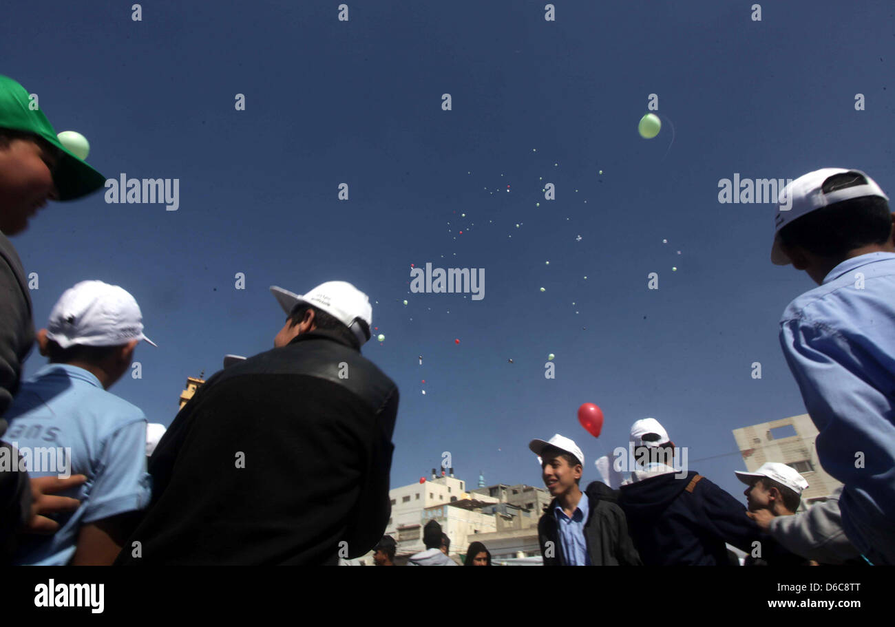 Gaza City, Gaza Strip. April 15, 2013. Palestinians release balloons ...