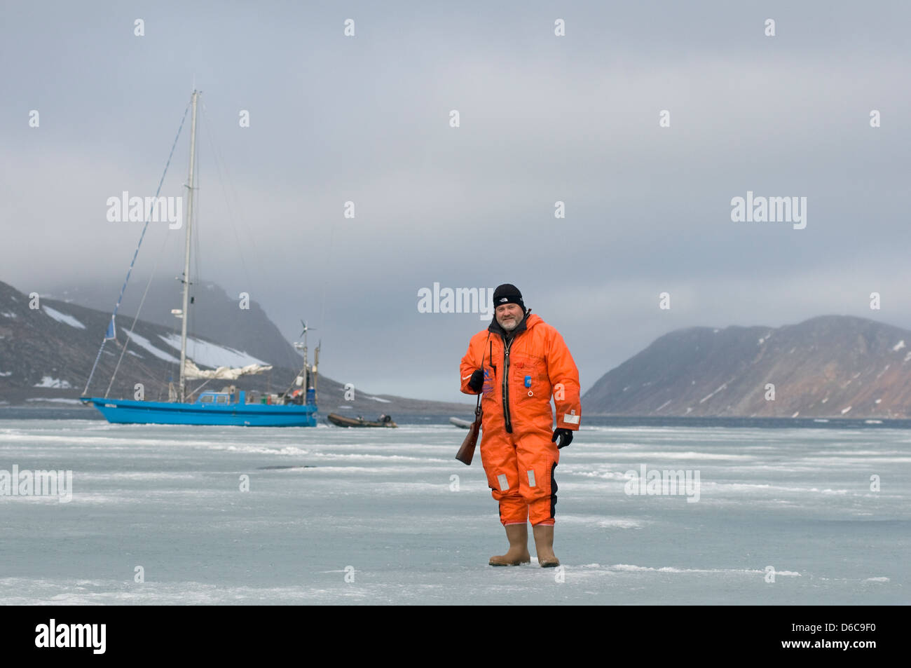 zodiac in ice in Svalbard bidding from a storm for the night in the ...