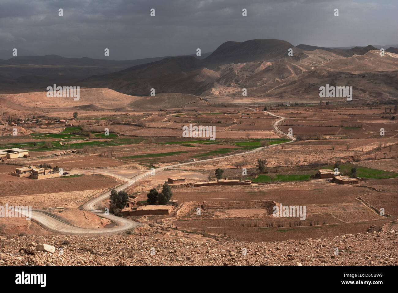 Panorama across valley to mountains during storm in NE Iraqi Kurdistan ...