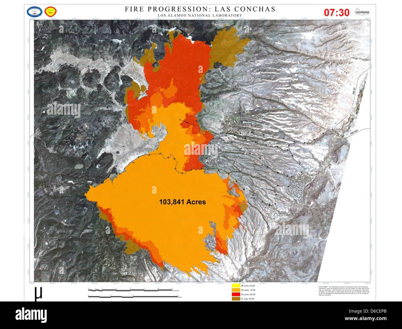 This fire-progression map depicts the spread of the Las Conchas Fire ...