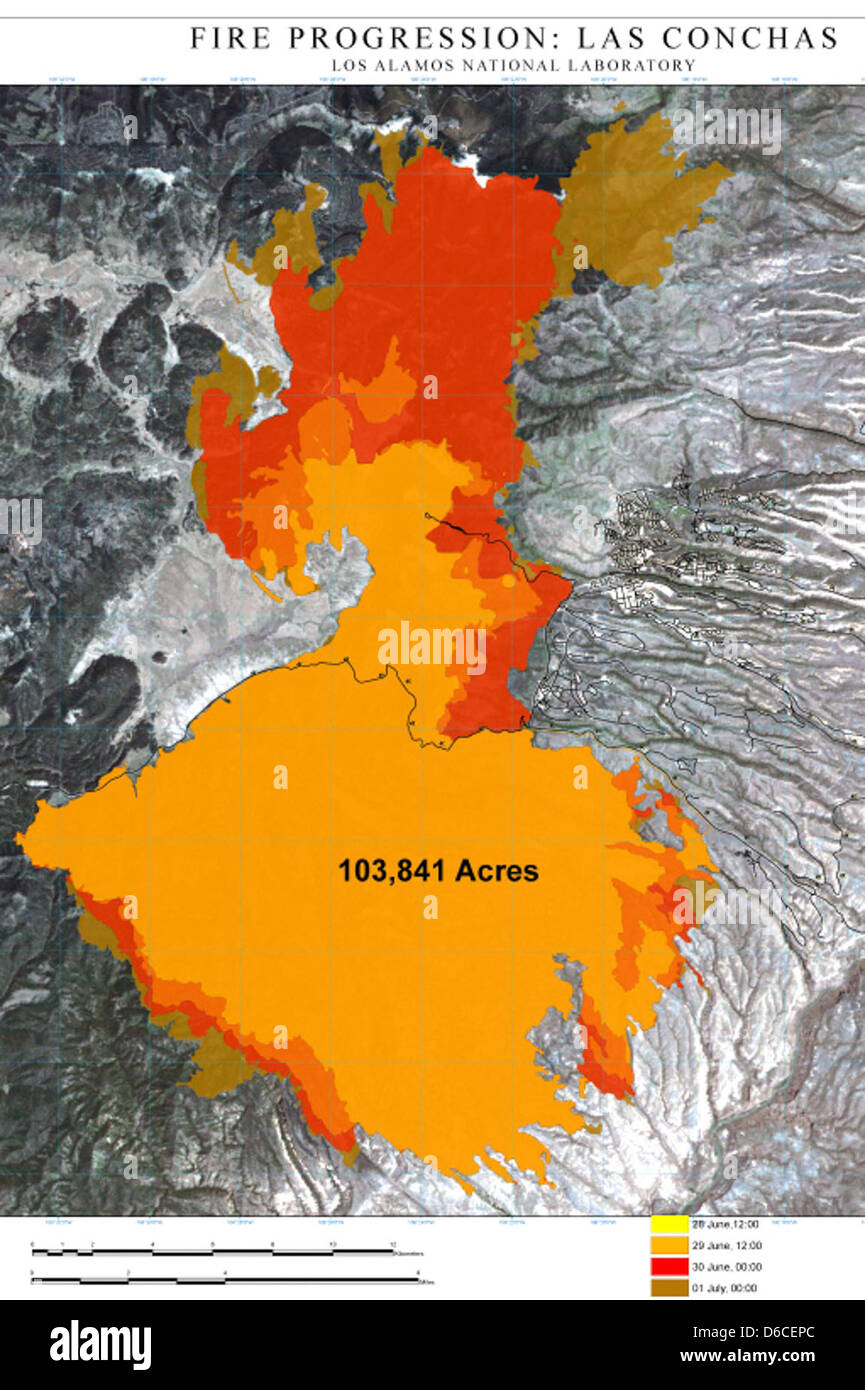 This fire-progression map tracks the Las Conchas wildfire, which ...