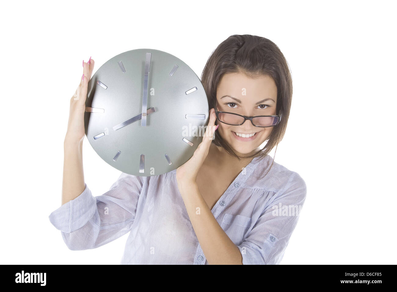 picture of woman with big clock Stock Photo - Alamy