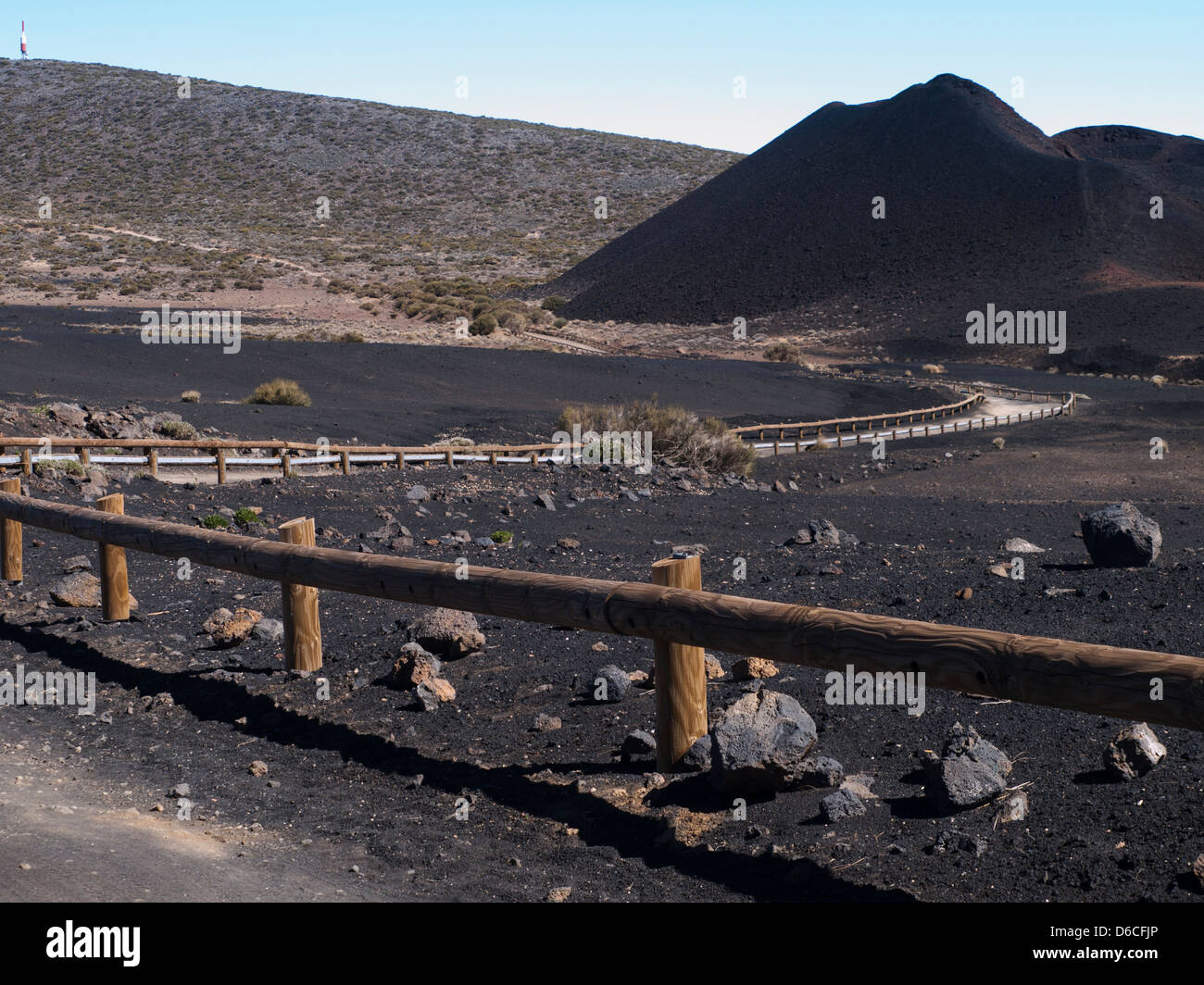 Winding dirt track through volcanic sand , cone of Fasnia volcano in ...