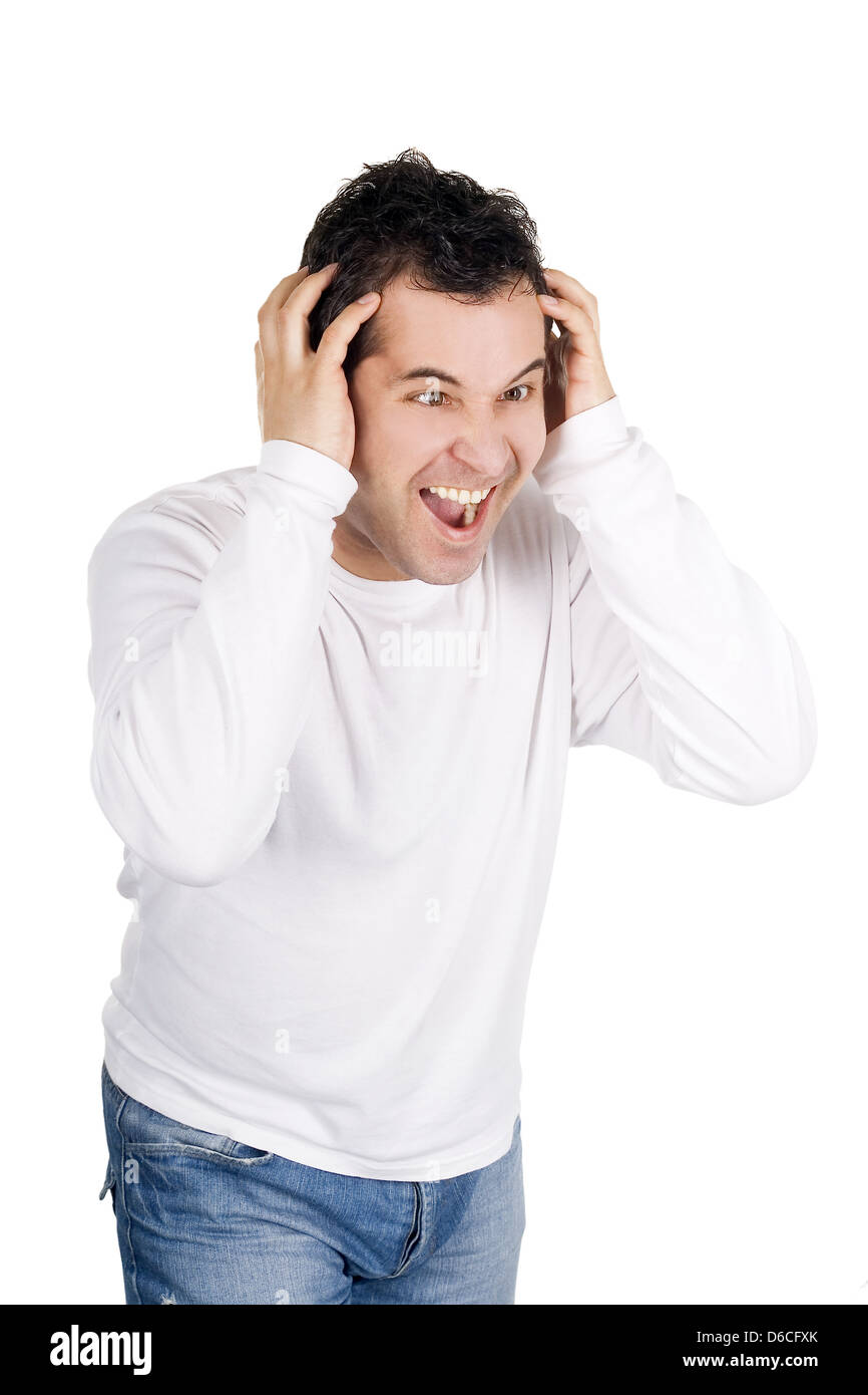 Angry man screaming isolated over white Stock Photo - Alamy