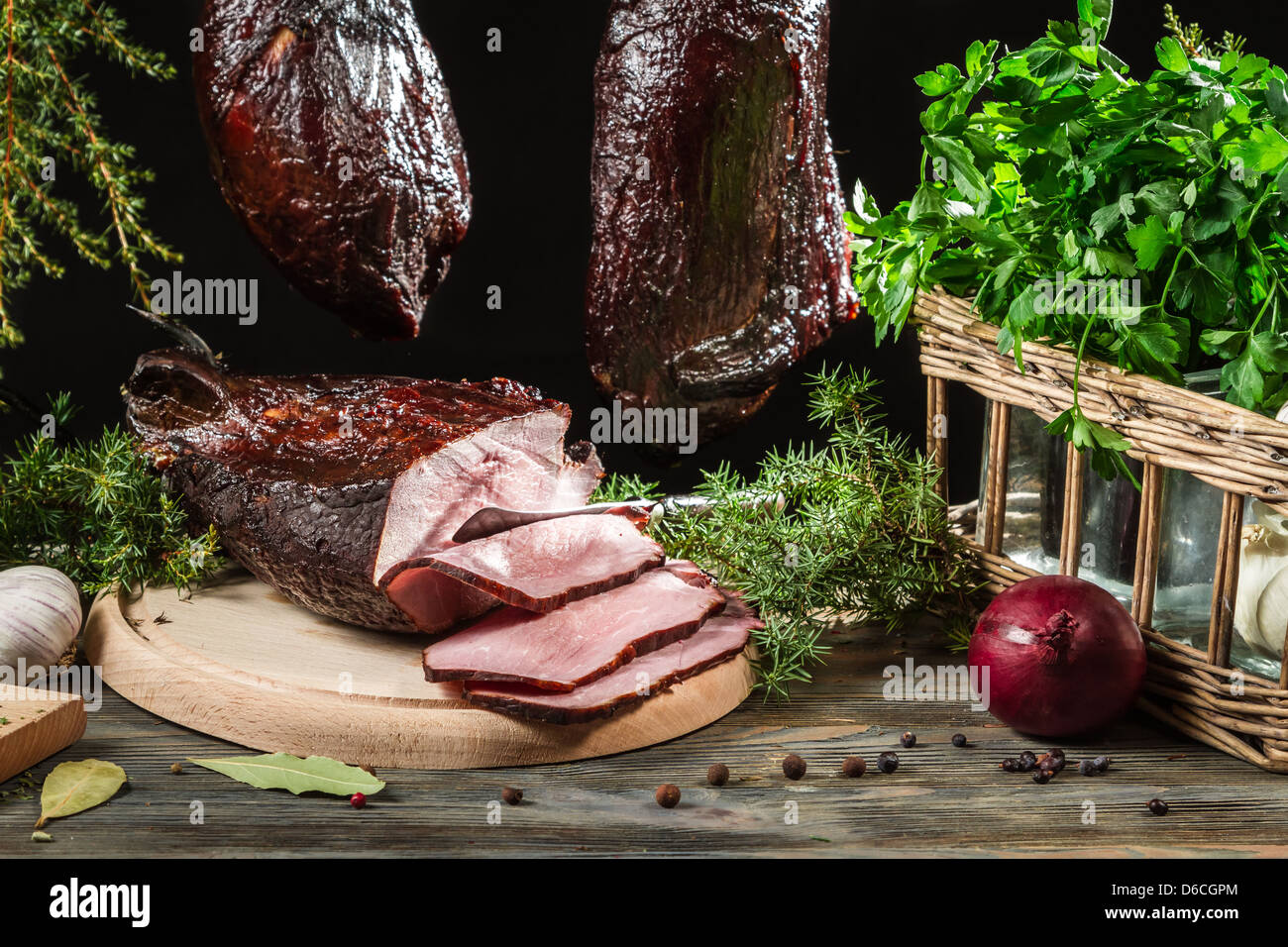 Freshly smoked ham in a rural pantry Stock Photo - Alamy