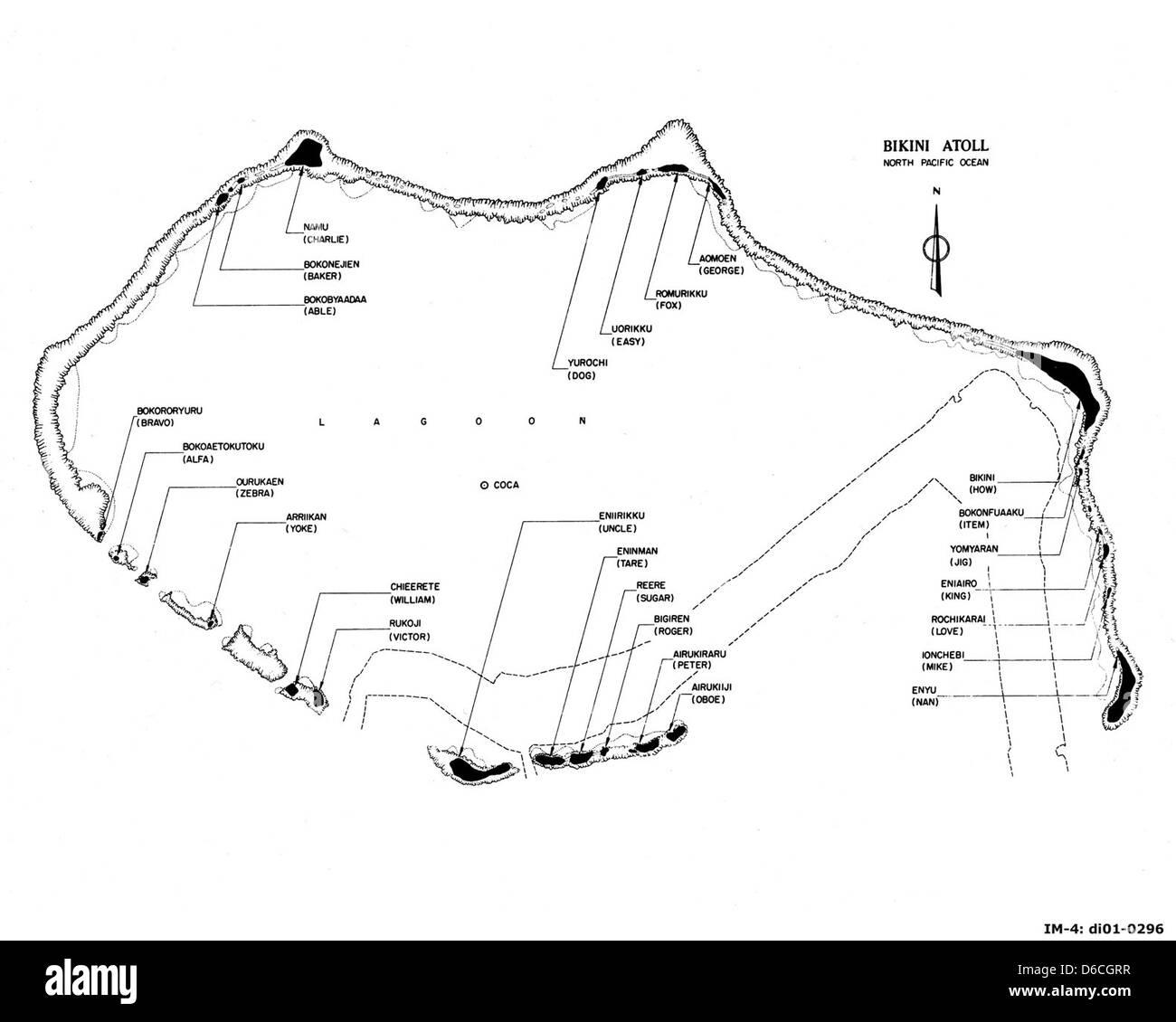 This map of Bikini Atoll illustrates the site of U.S. nuclear testing ...