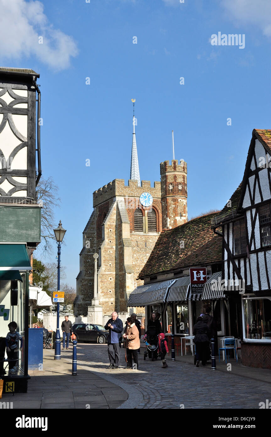 St Mary's Church and shops, Hitchin, Hertfordshire, England, UK (old ...