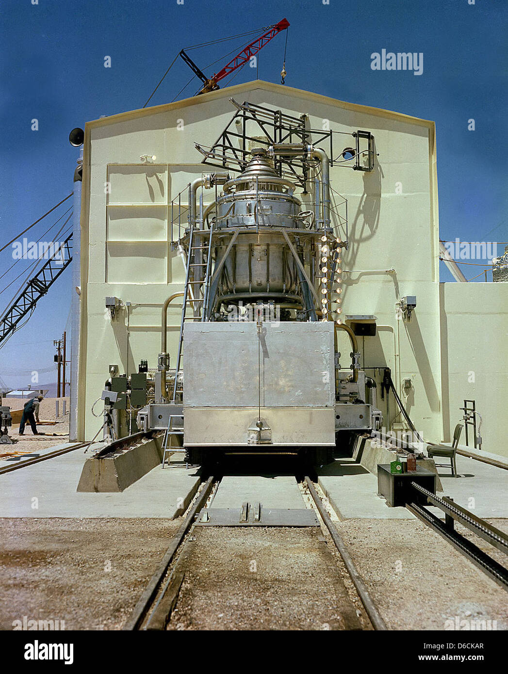 This image shows the 'Kiwi' atomic bomb testing setup, photographed ...