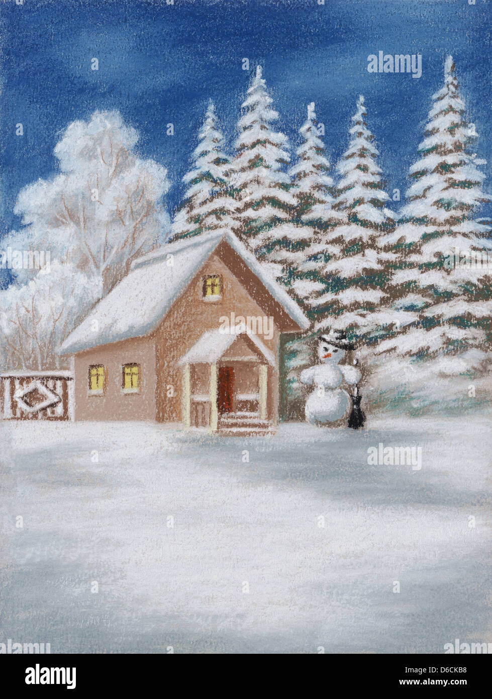 House in forest and snowman Stock Photo - Alamy