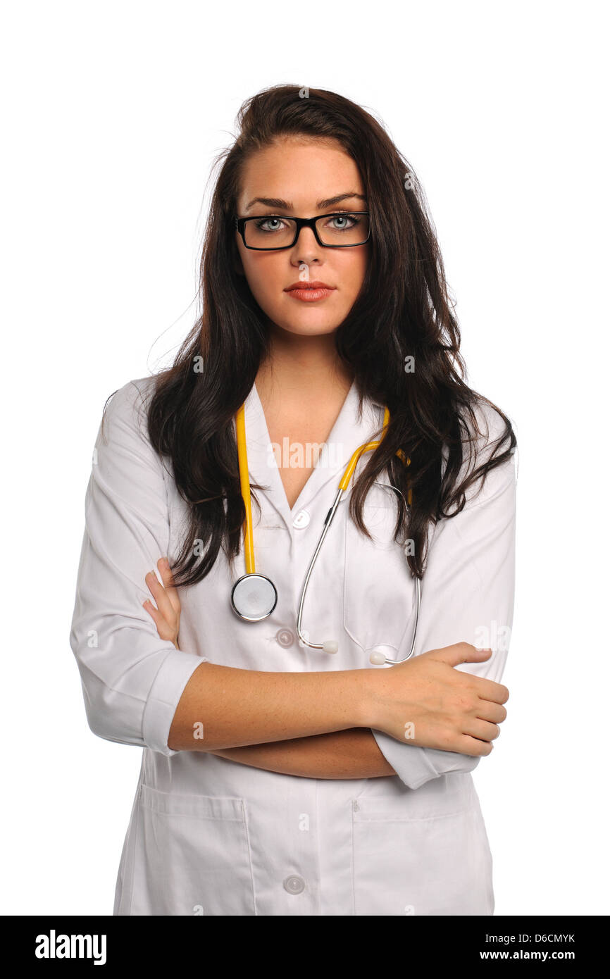 Beautiful doctor or nurse with arms crossed isolated over white ...