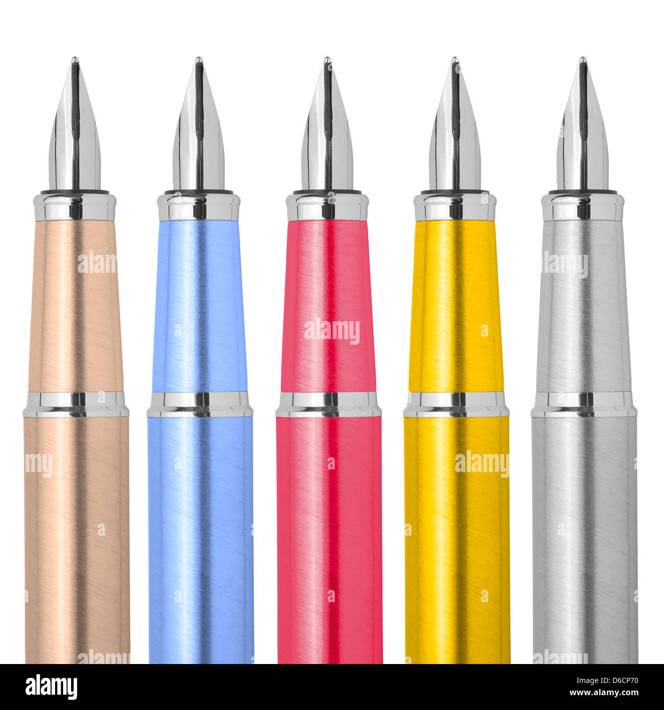 color fountain pens isolated on white background, brown, blue, red ...