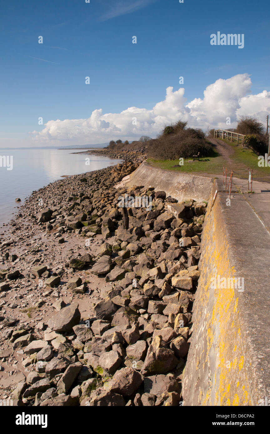flood defences, River Severn, rocks, stones, concrete reating wall ...