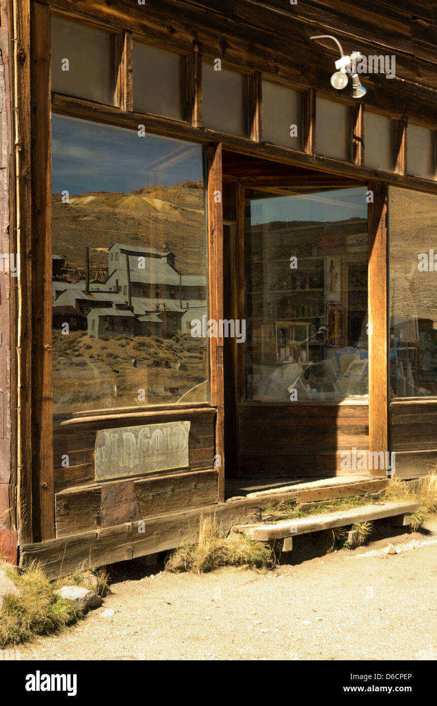 Gold mining ghost town mining buildings reflected in old store front ...