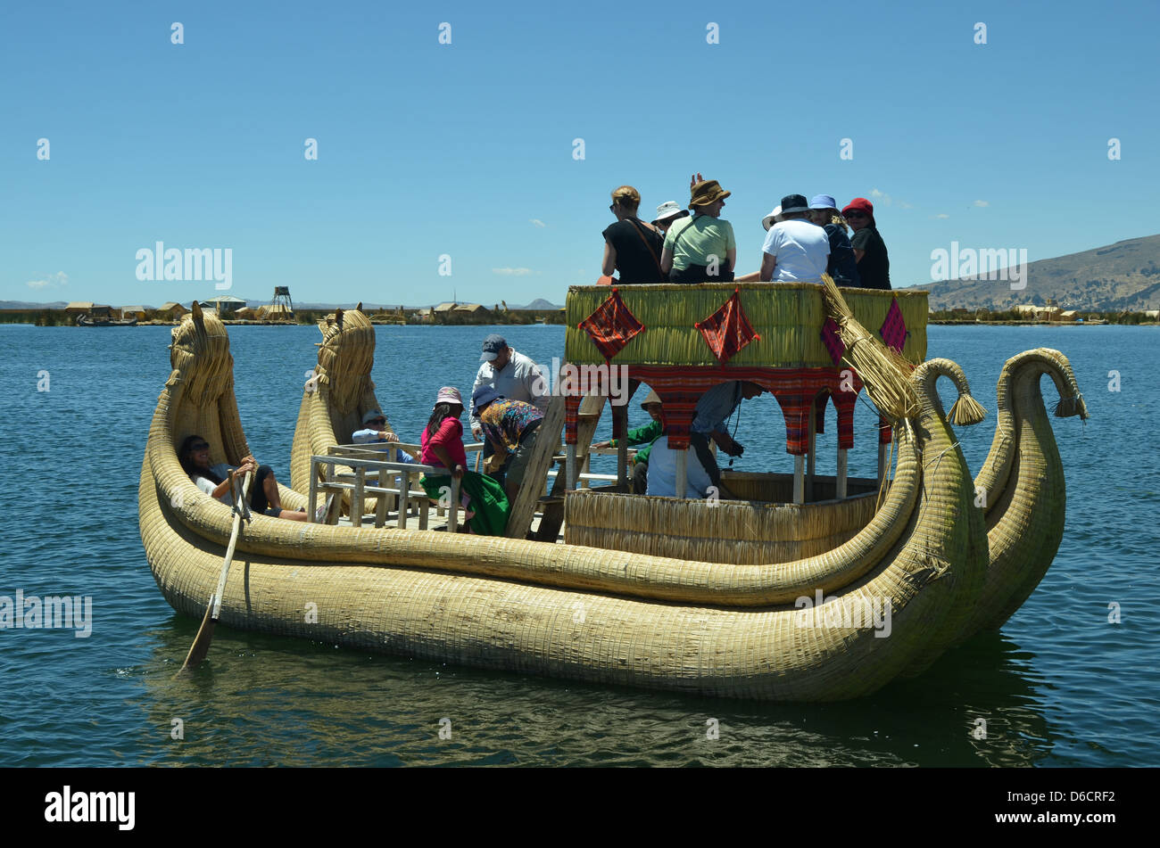 Traditional reed boat on the Uros Islands, Lake Titicaca, Peru Stock ...
