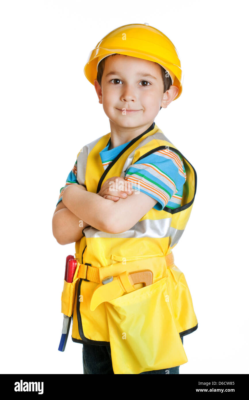 boy in builder's uniform with tools Stock Photo - Alamy