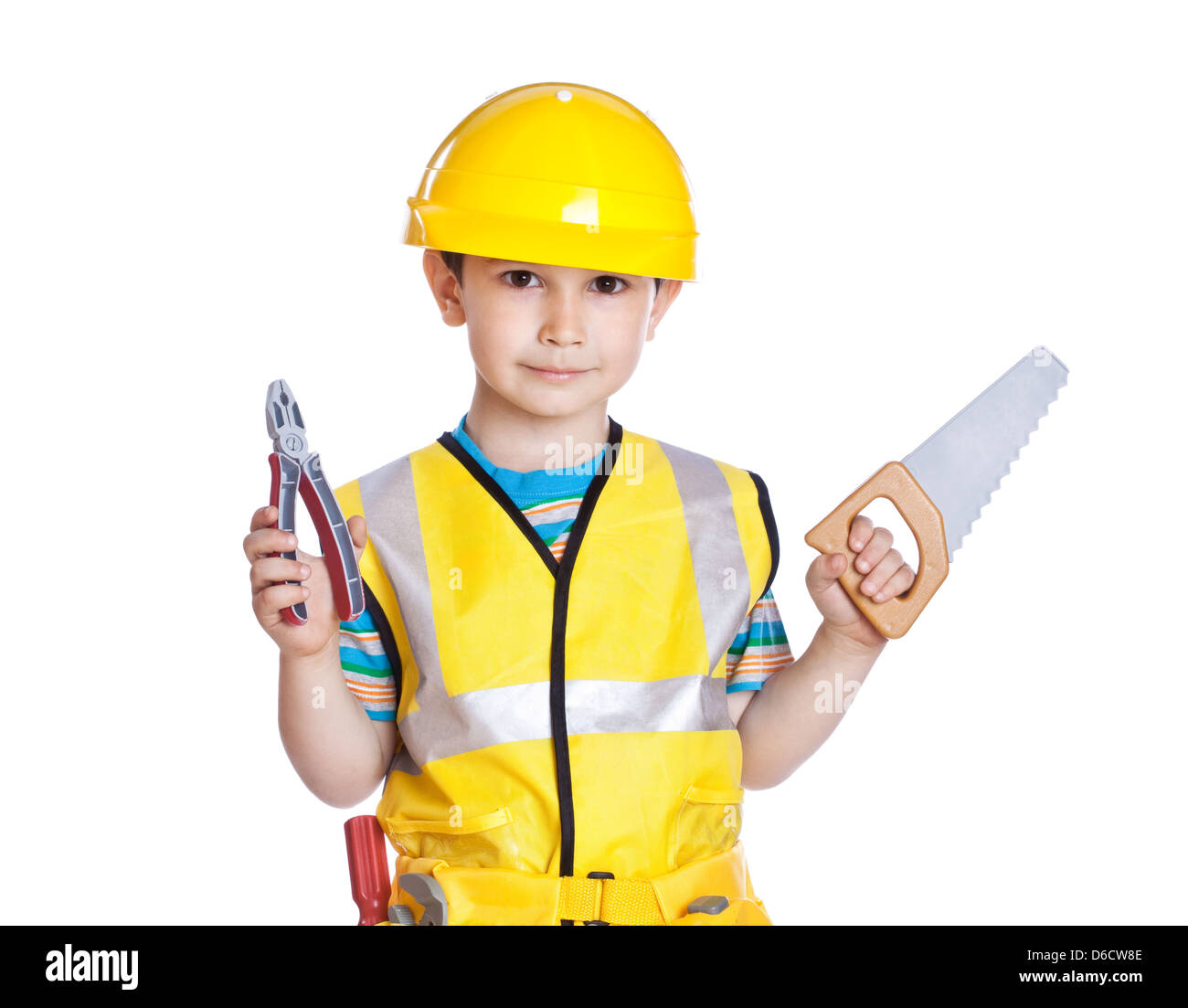 Little boy in builder's uniform with tools Stock Photo - Alamy