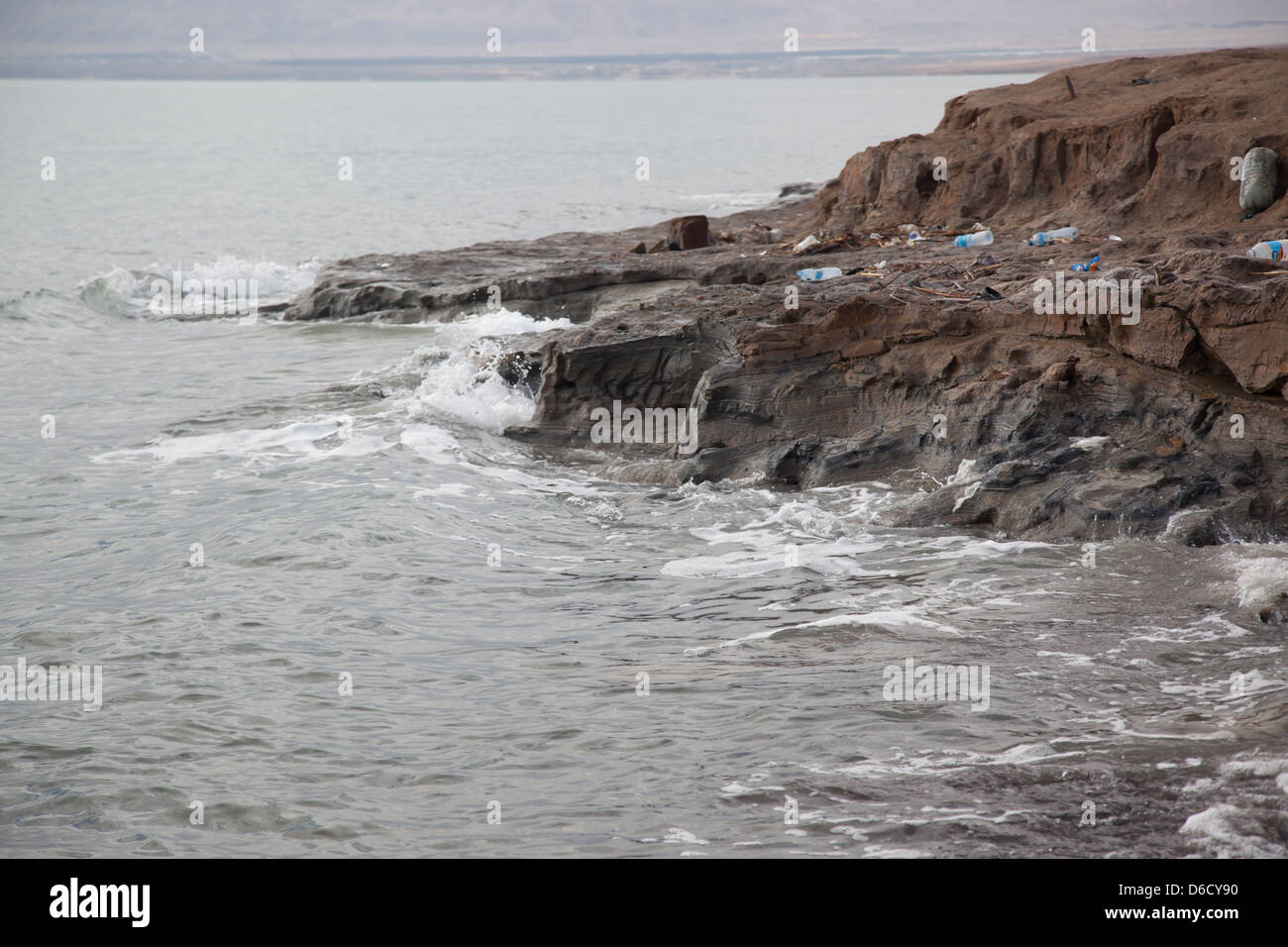 Dead Sea on the Jordan side, landscape with water and sky, with black ...