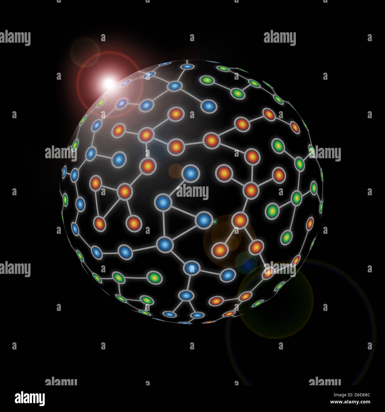 Sphere network of interconnected color nodes against black Stock Photo ...