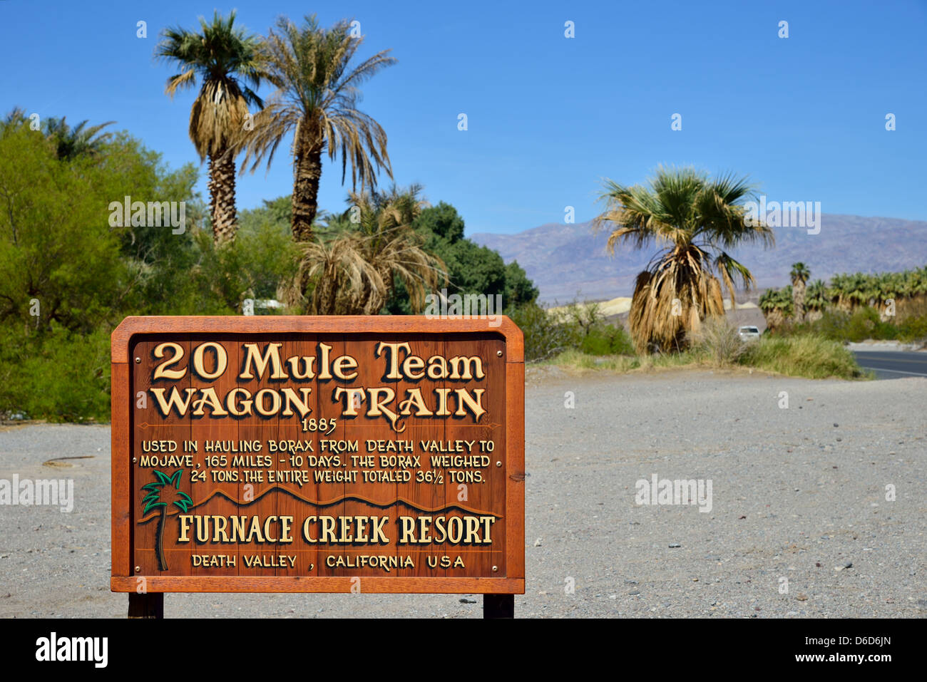 Sign of historic "20 Mule Team Wagon Train" at Furnace Creek Ranch ...