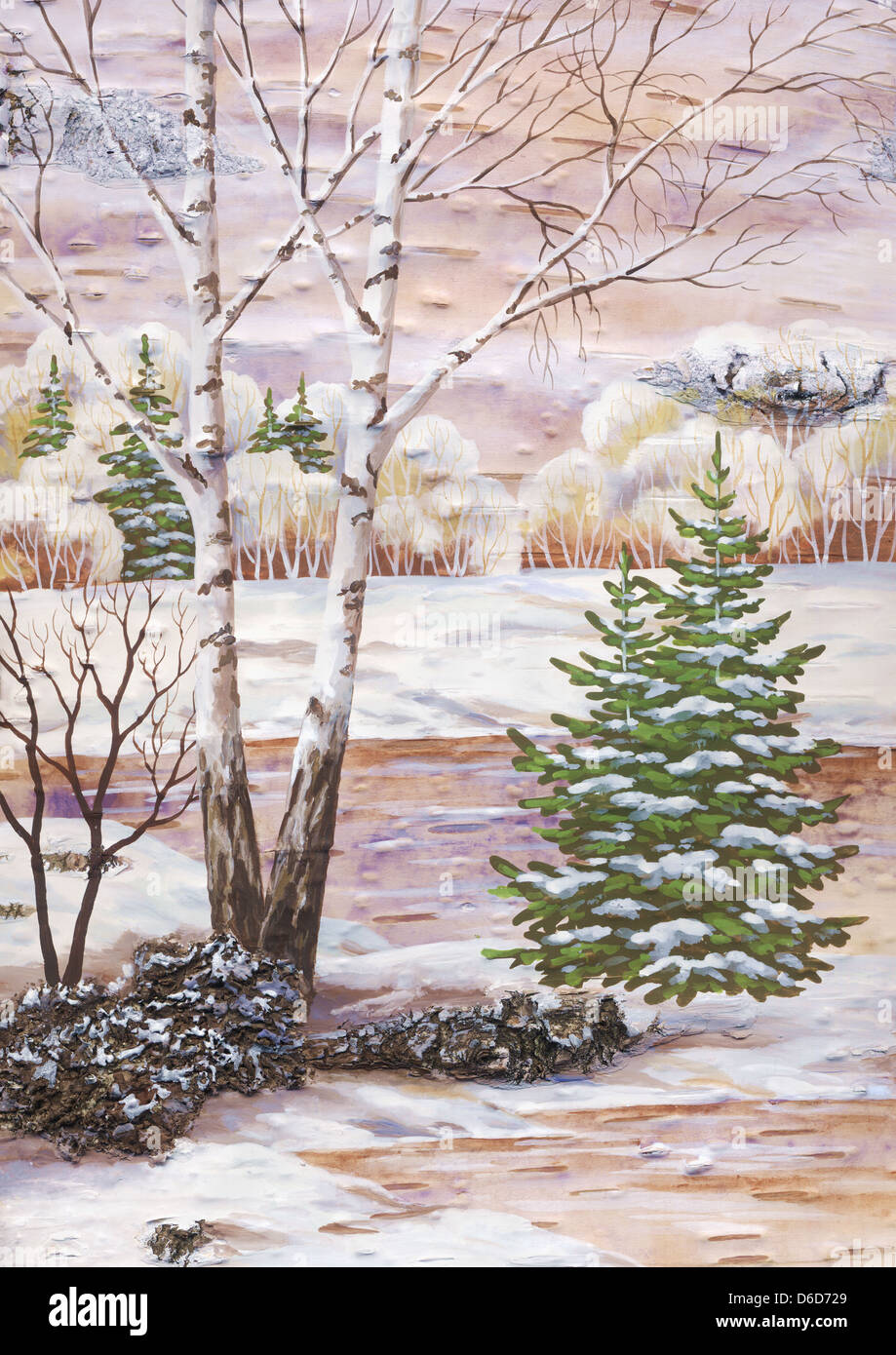 Landscape with a birch and fur-trees Stock Photo - Alamy